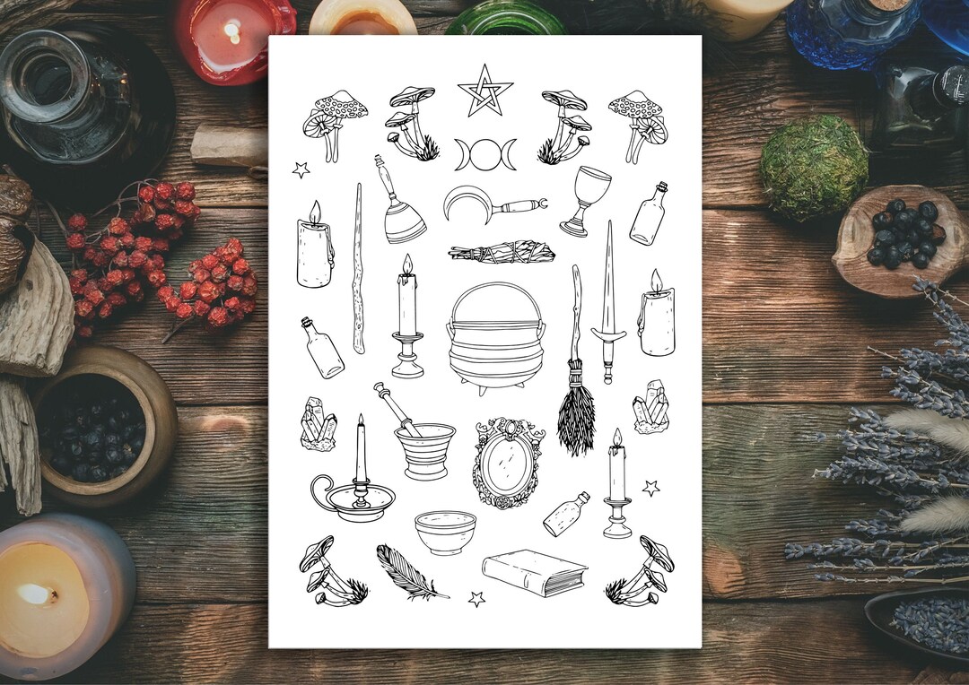 Witchy Wiccan Tools - Digital Download Colouring Page - Book of Shadows ...