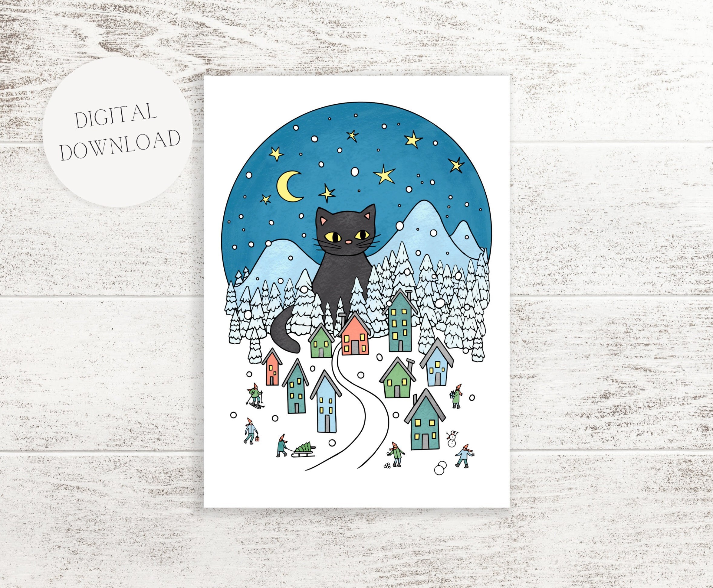 Cute Yule Cat Colouring Page & Art Print - Digital Download Artwork ...
