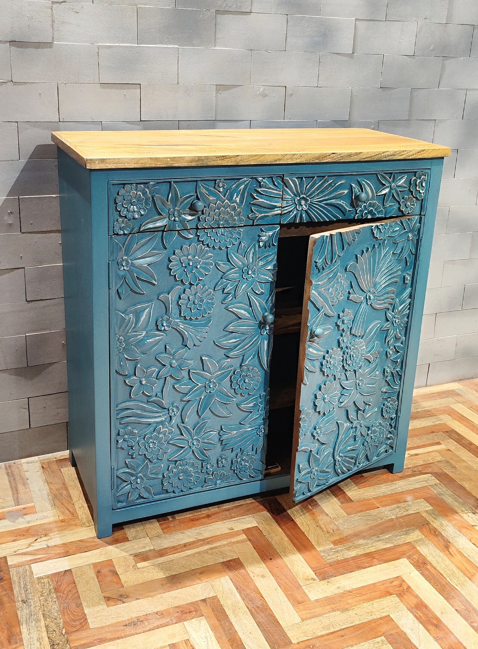 Hand Carved Wooden Shoe Rack: Floral Sideboard, Indian Vintage - Etsy
