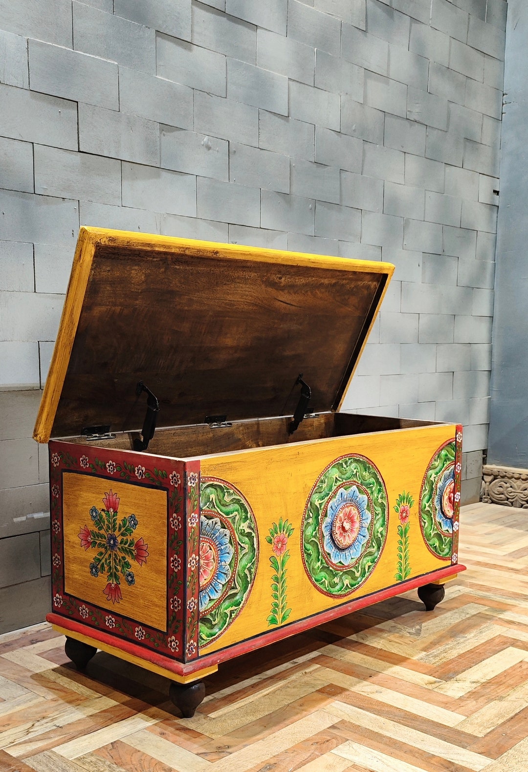 Hand Carved Colorful Storage Trunk Table: Mango Wood Bedside Bench - Etsy