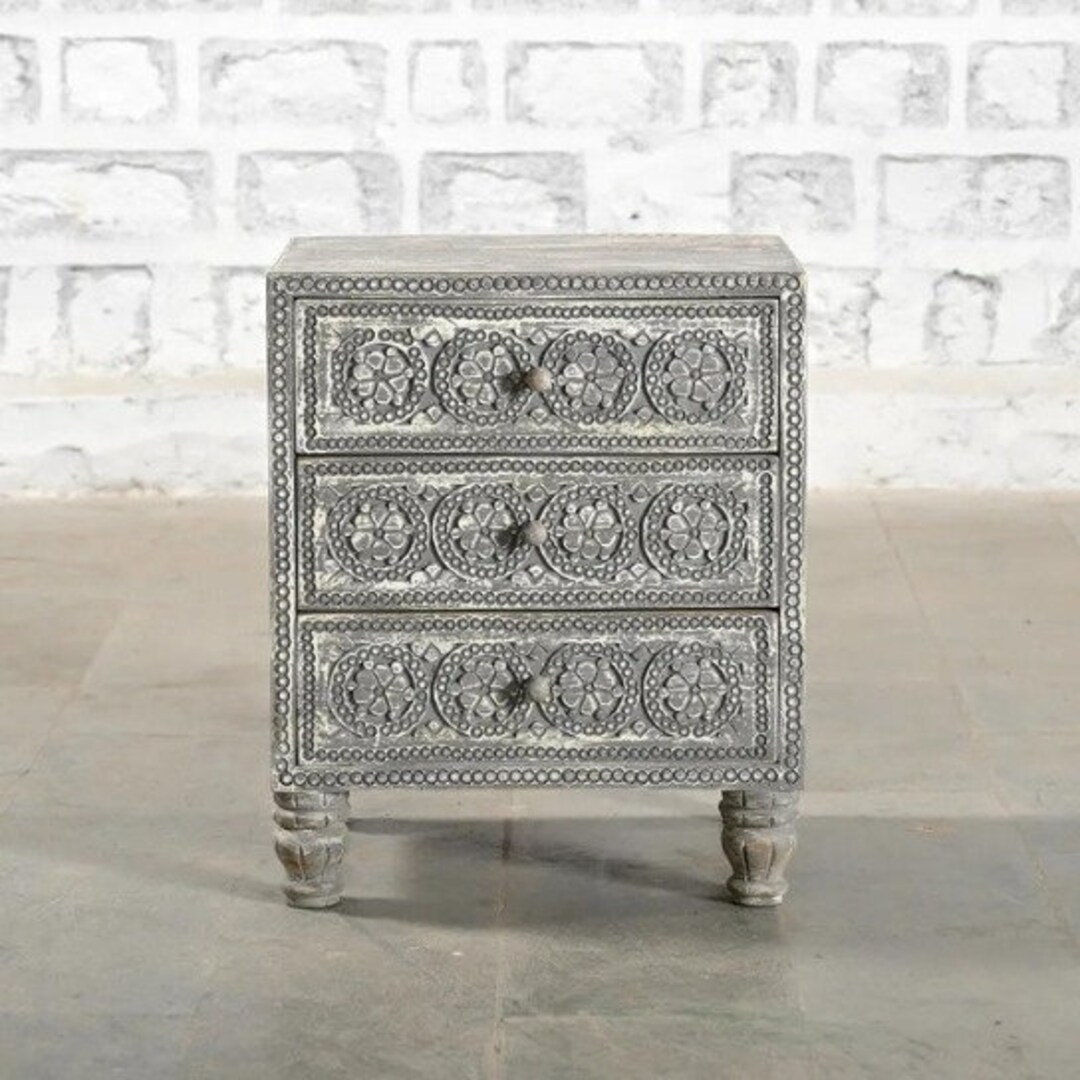 Wooden Hand Carved Bed Side Decorative Night Stand, Distressed Night ...