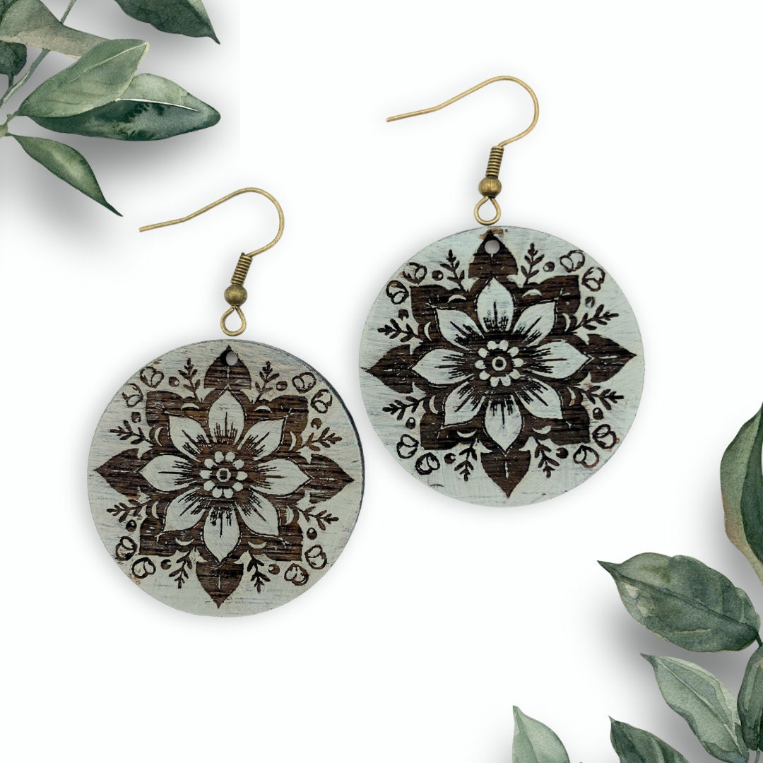 Round Flower Engrave Design Earrings SVG File - Laser Engraved Earring ...