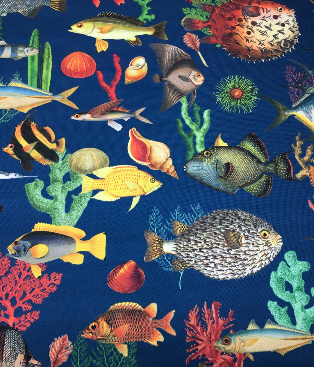 Blue Fish Upholstery Fabric by the Yard. Underwater Fishes Pattern Blue ...