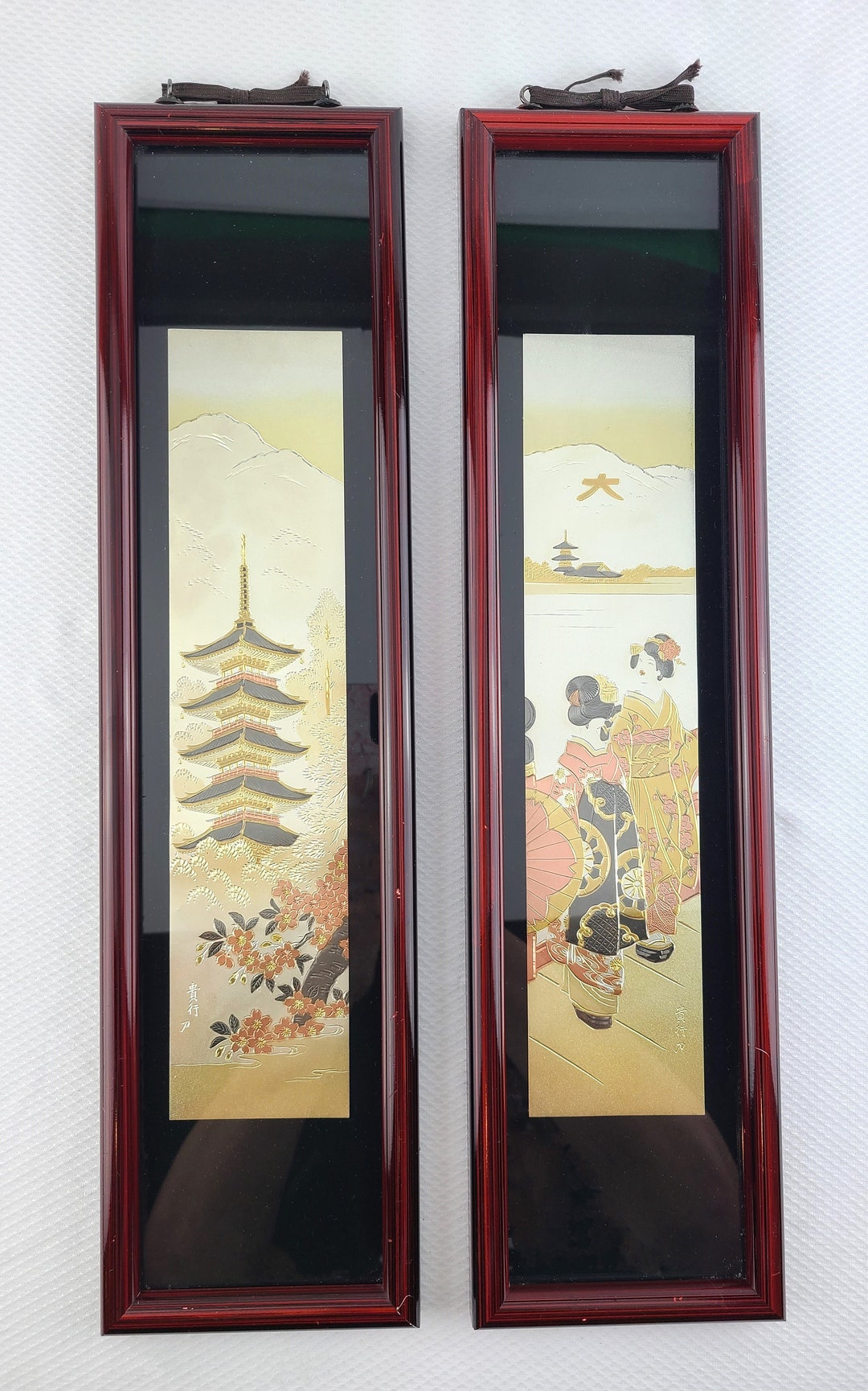 Vintage Chokin Framed Wall Art Geisha, Pagoda Etched Gold, Silver Set ...