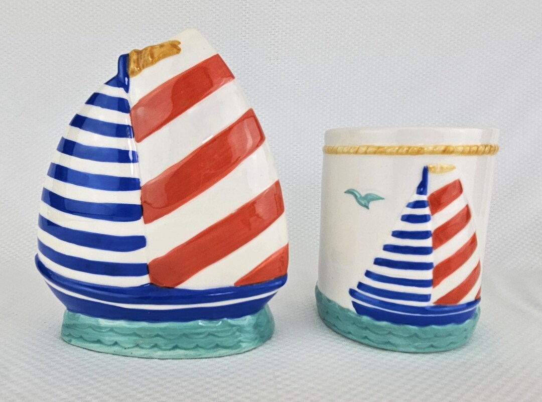 Vintage Sailboat Toothbrush Holder, Cup Bath Set -beach House Nautical ...