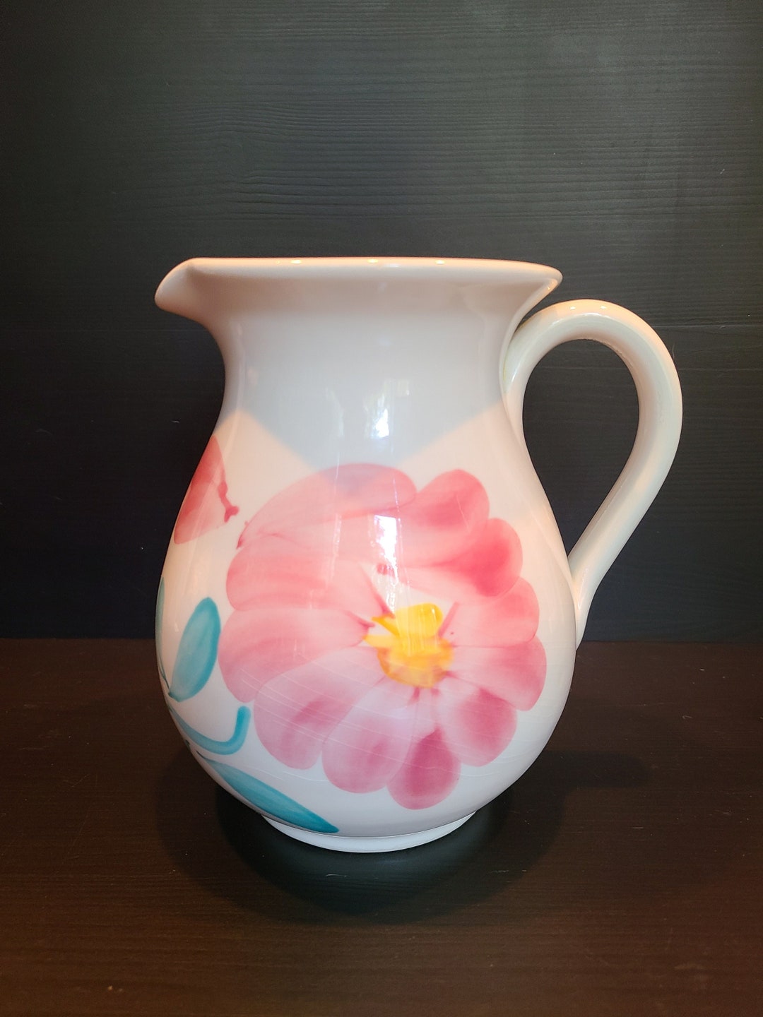 Pier 1 Imports Hand Painted Pitcher Floral Pink Flower Blue Italy - Etsy
