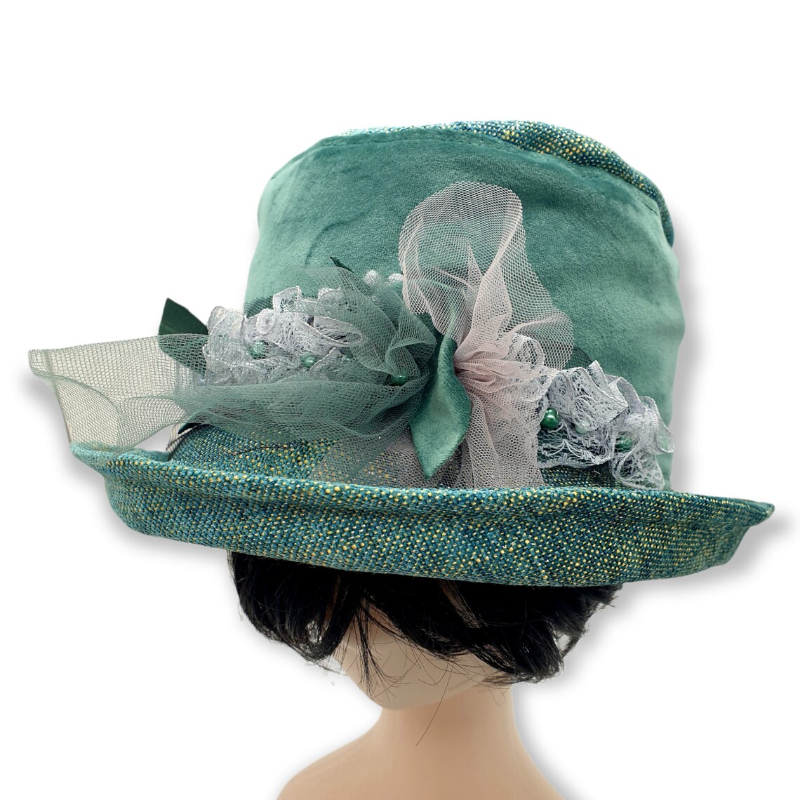 Wonens Warm Green Velvet Hat, With Brim and Decoration. Designer Hat ...