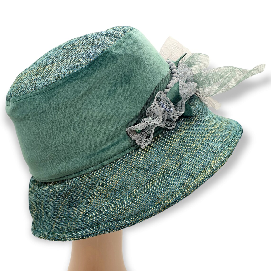 Wonens Warm Green Velvet Hat, With Brim and Decoration. Designer Hat ...