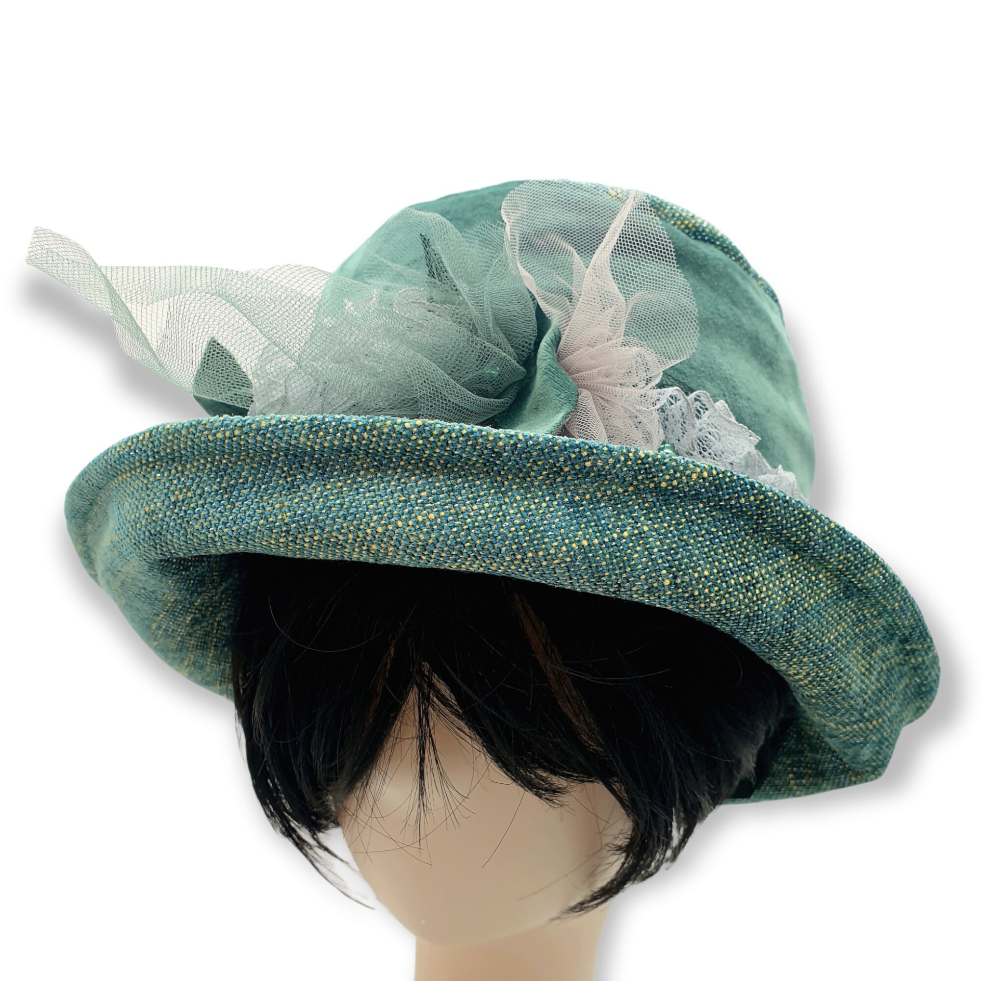 Wonens Warm Green Velvet Hat, With Brim and Decoration. Designer Hat ...