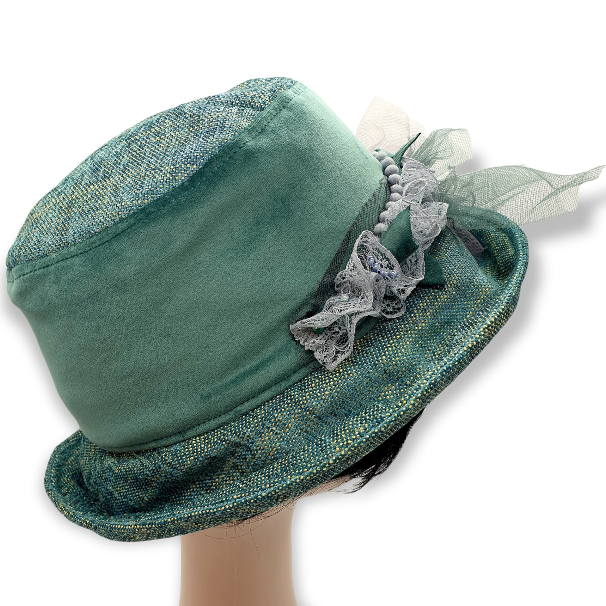 Wonens Warm Green Velvet Hat, With Brim and Decoration. Designer Hat ...
