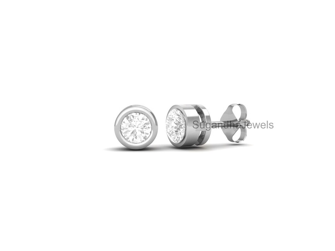 Round Cut Bezel Diamond Stud Earrings, Delicate Solitaire Earrings ...