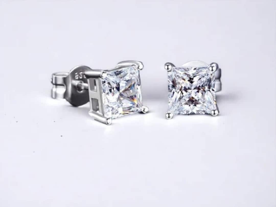Princess Cut Stud Diamond Earrings Sterling Silver Diamond - Etsy