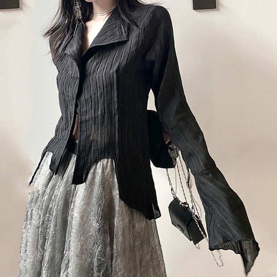 Black Gothic Long Sleeve Shirt Aesthetic Blouse Women Irregular ...
