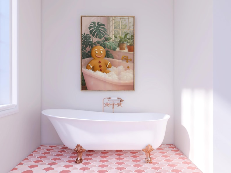 Gingerbread Man in Pink Bathtub Christmas Poster Print, Whimsical ...
