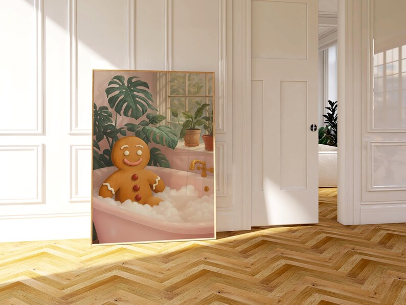 Gingerbread Man in Pink Bathtub Christmas Poster Print, Whimsical ...