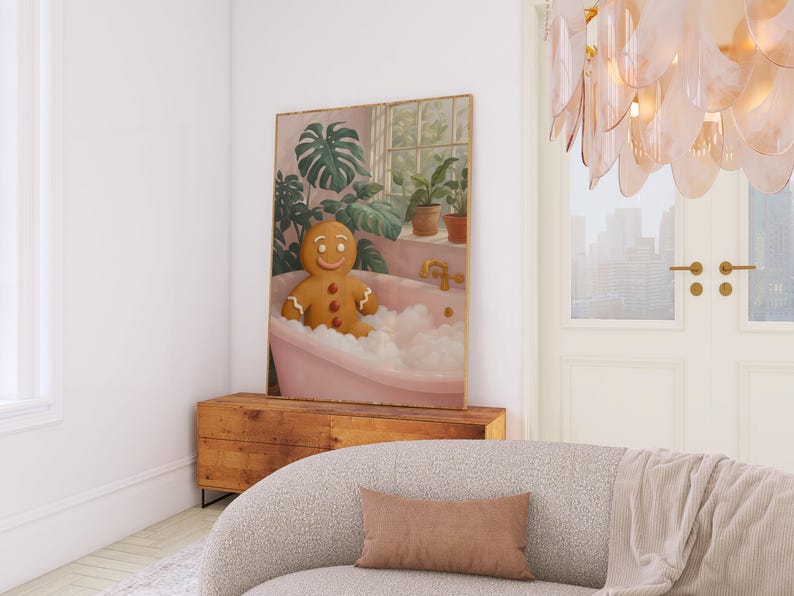 Gingerbread Man in Pink Bathtub Christmas Poster Print, Whimsical ...