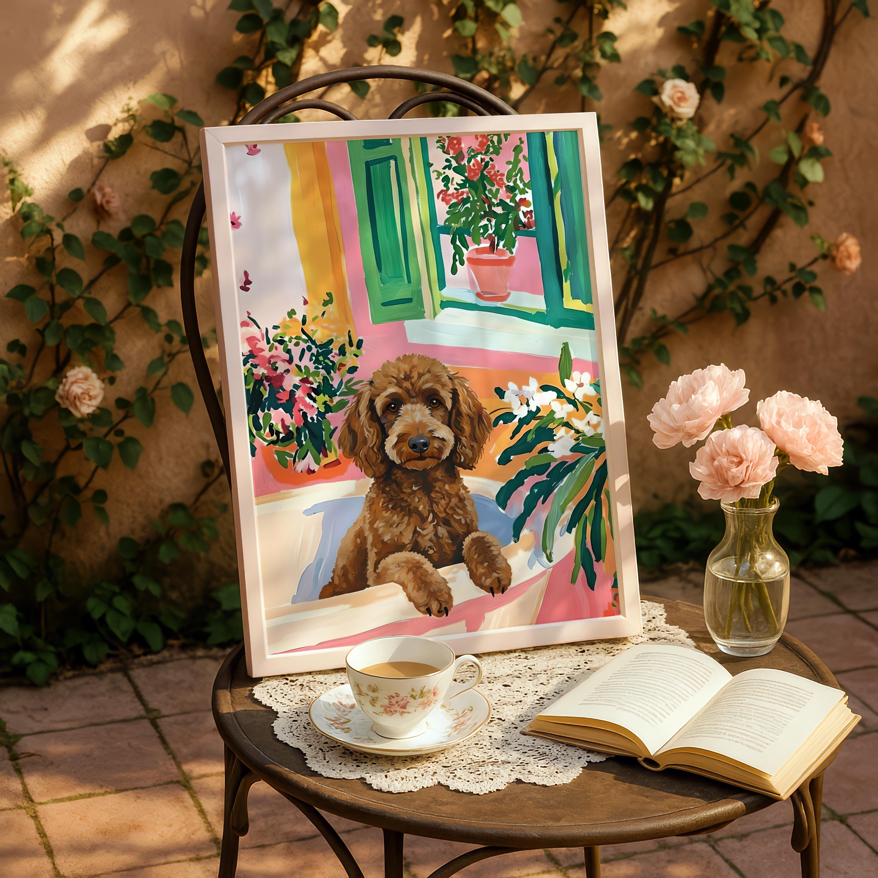 Colorful Brown Poodle Bathroom Poster, Dog in Bathtub Toilet Wall Art ...