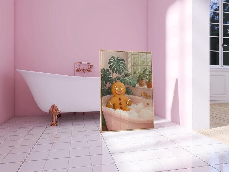 Gingerbread Man in Pink Bathtub Christmas Poster Print, Whimsical ...