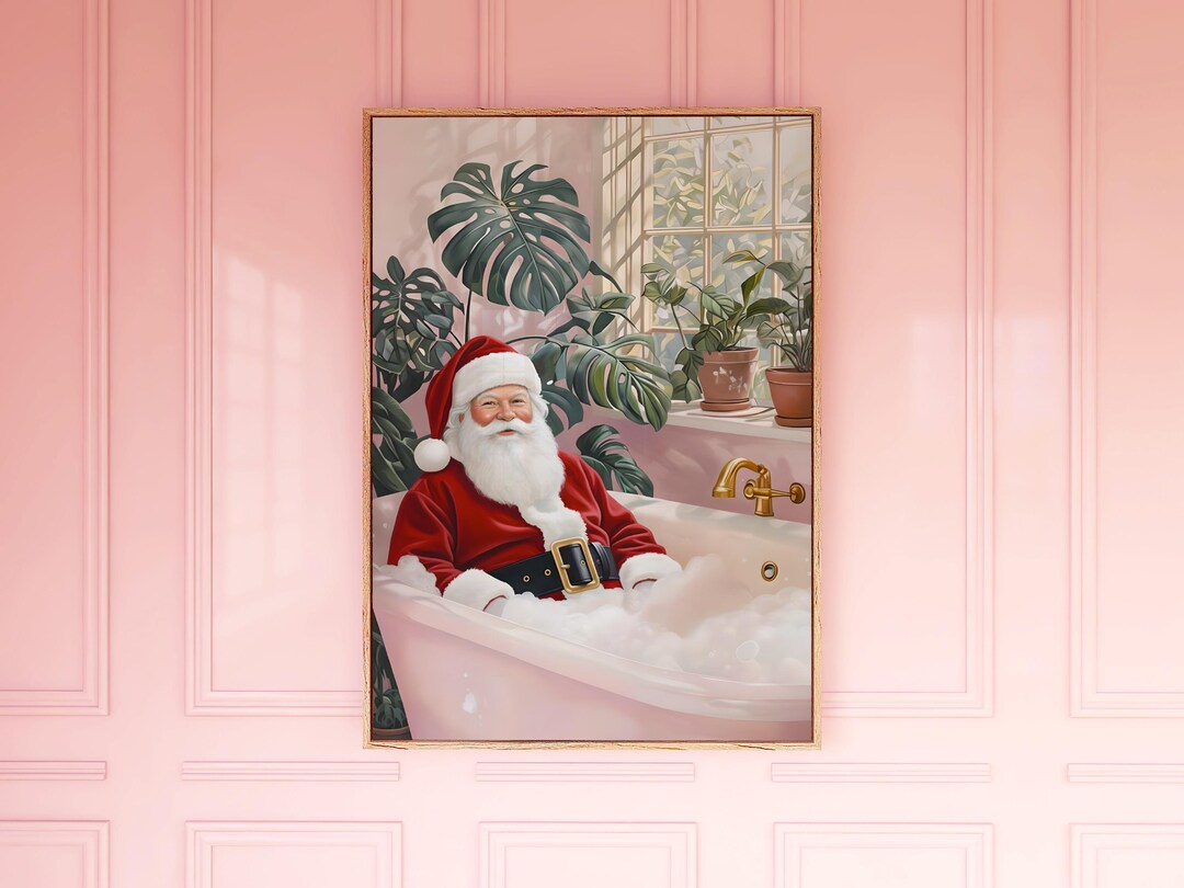 Santa in Pink Bathtub Printable Poster, Funny Christmas Bathroom Art ...