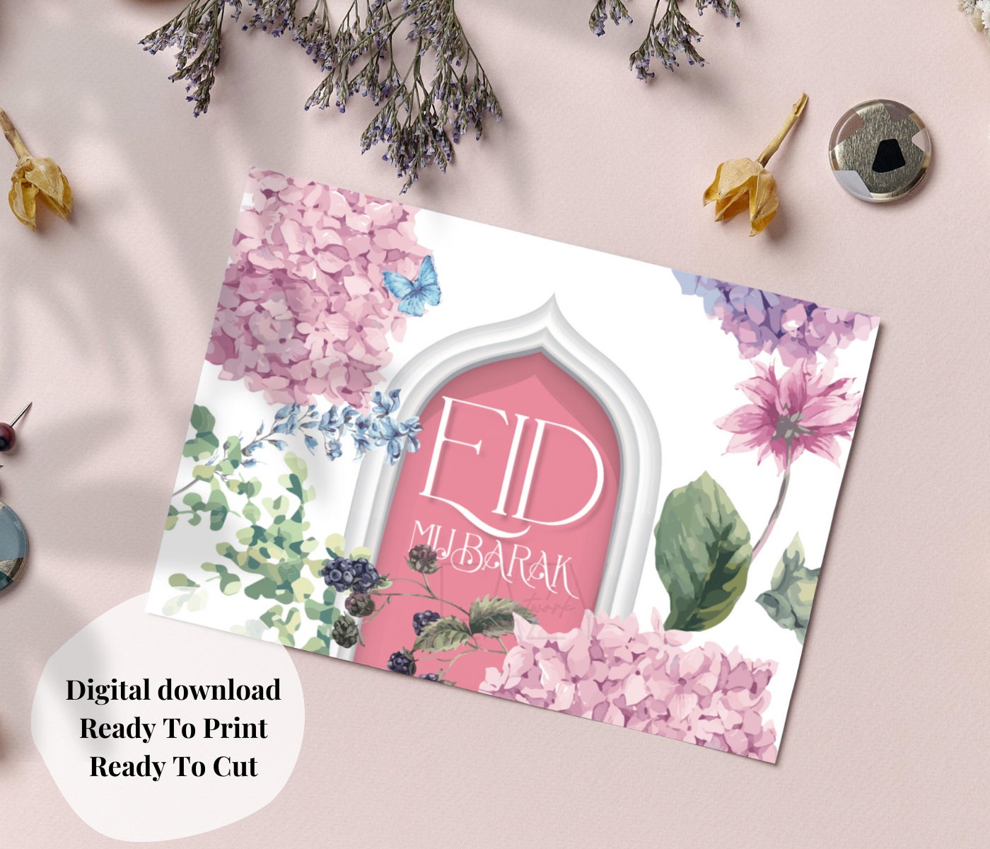 Floral Printable Eid Digital Card, Eid Mubarak Greeting Card, Instant ...