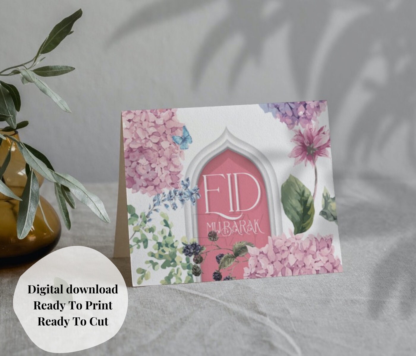 Floral Printable Eid Digital Card, Eid Mubarak Greeting Card, Instant ...