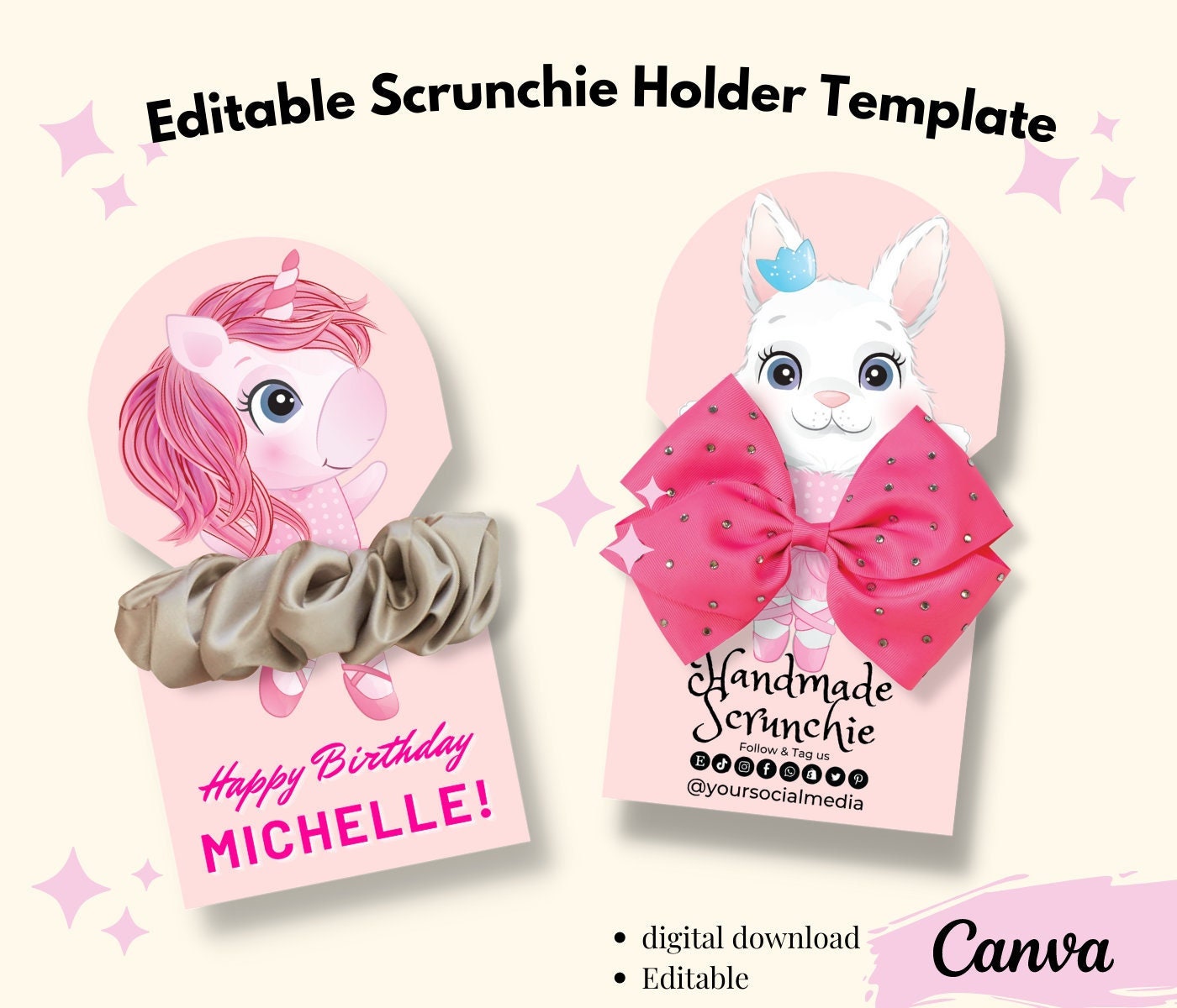 Editable Scrunchie Holder Card Template, Scrunchie Tag Card Canva ...