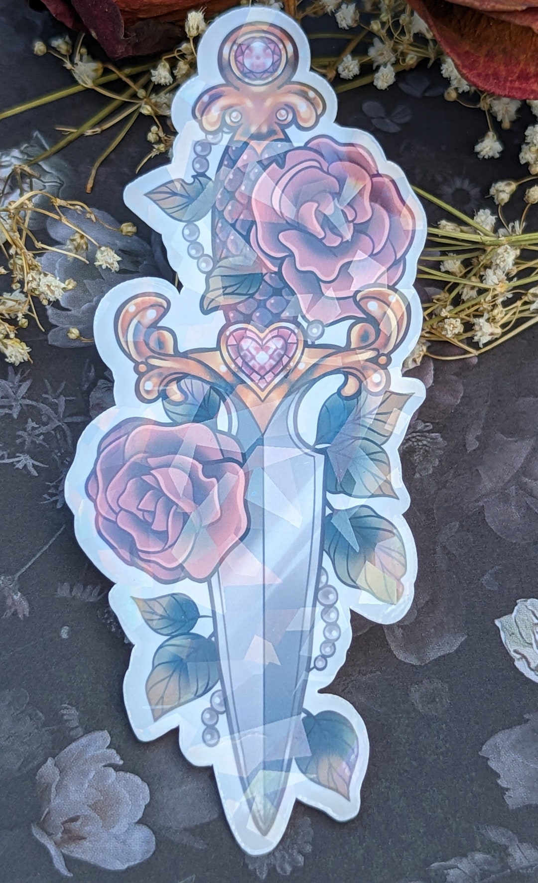 Rose Holographic Dagger Vinyl Sticker 4" Ll Water Resistant Glossy ...