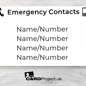 Emergency Contact Card, ICE Names and Phone Numbers for Wallet/purse ...