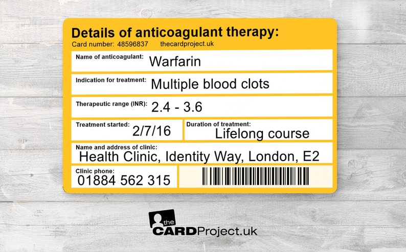 Anticoagulant Therapy Medical ID Card Blood Thinners, Warfarin ...