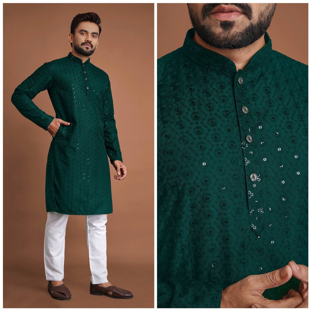 Green Color Men's Full Stitched Sequins Work Kurta Pajama Set for Men's ...