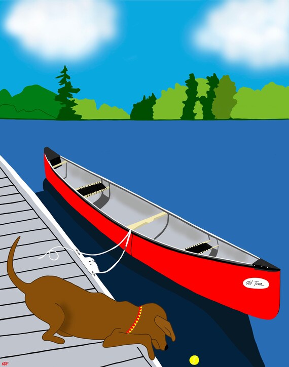 Canoe Art Canoe Art Print Lake Life Dog and Ball Lake - Etsy