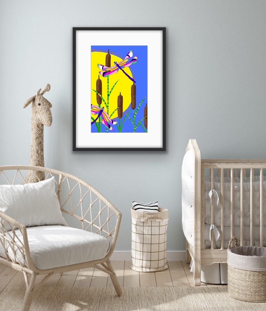 Dragonfly Art, Cattails, Wall Art, Whimsical, Home Decor, Colorful Art ...