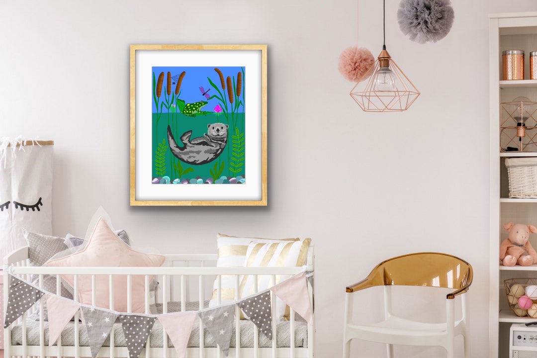 Otter, Otter Art, Cattails, Frog, Lily Pad, Dragonfly, Whimsical, Wall ...
