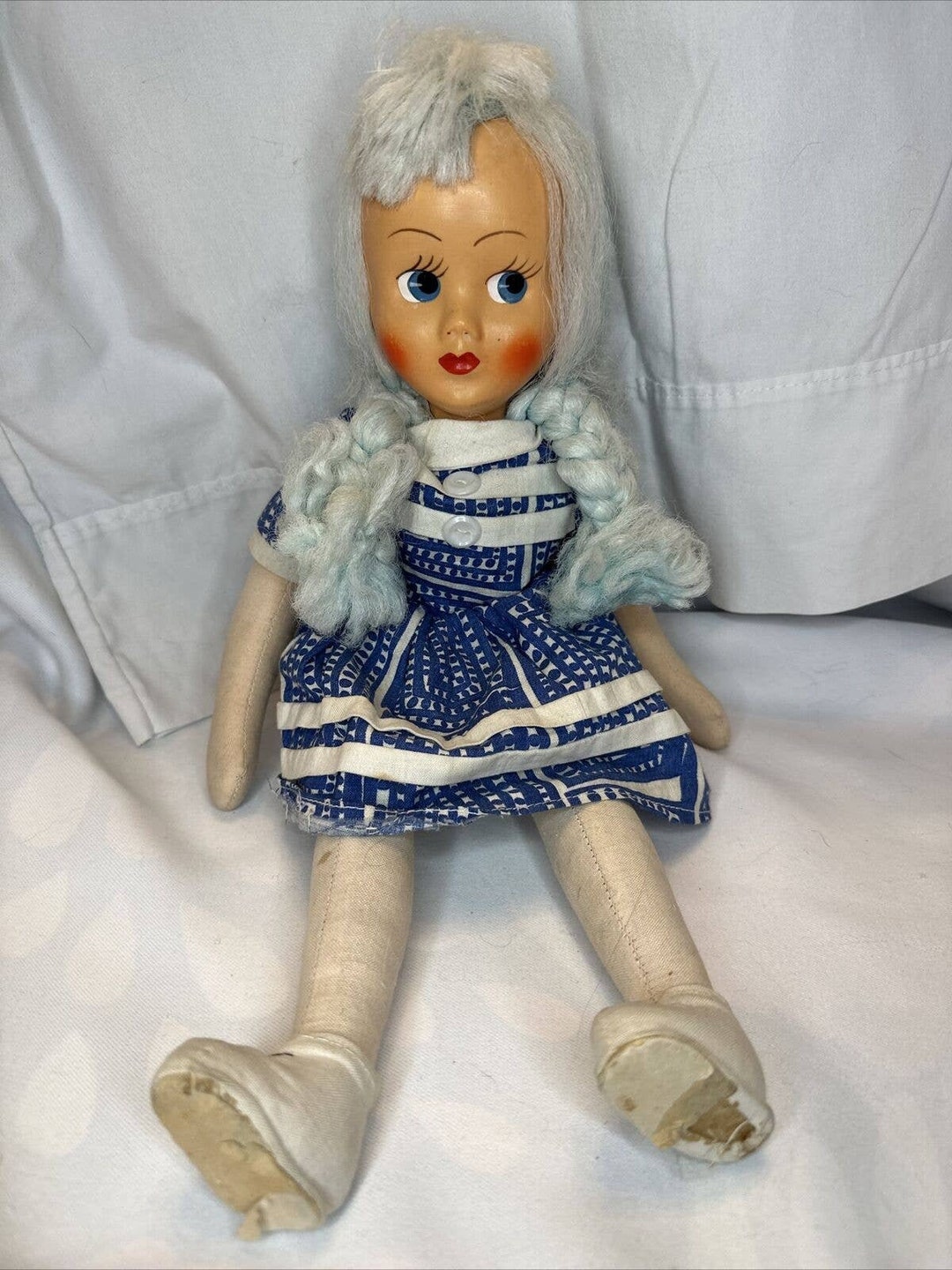 Vintage Sutton Doll Blue Hair Celluloid Face Cloth Stuffed Jointed 16 ...
