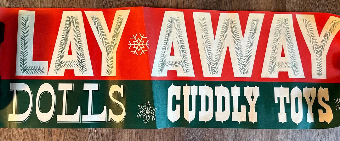 Vintage Christmas Store Banner Sign Dolls Cuddly Toys Advertising Lay ...