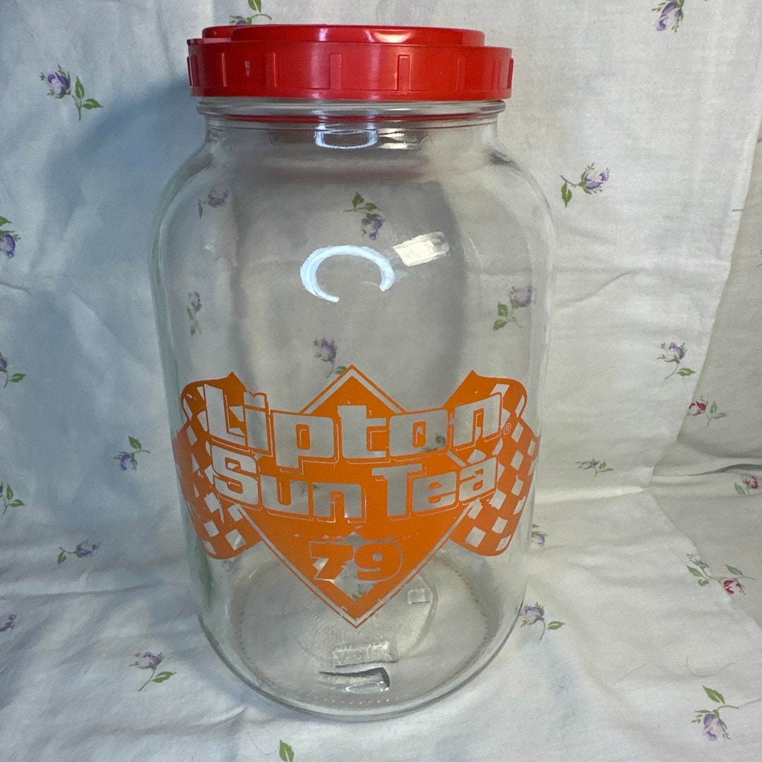 Vintage Lipton Sun Tea Nascar Glass Jar Jug Orange Racing Flags Red Lid ...