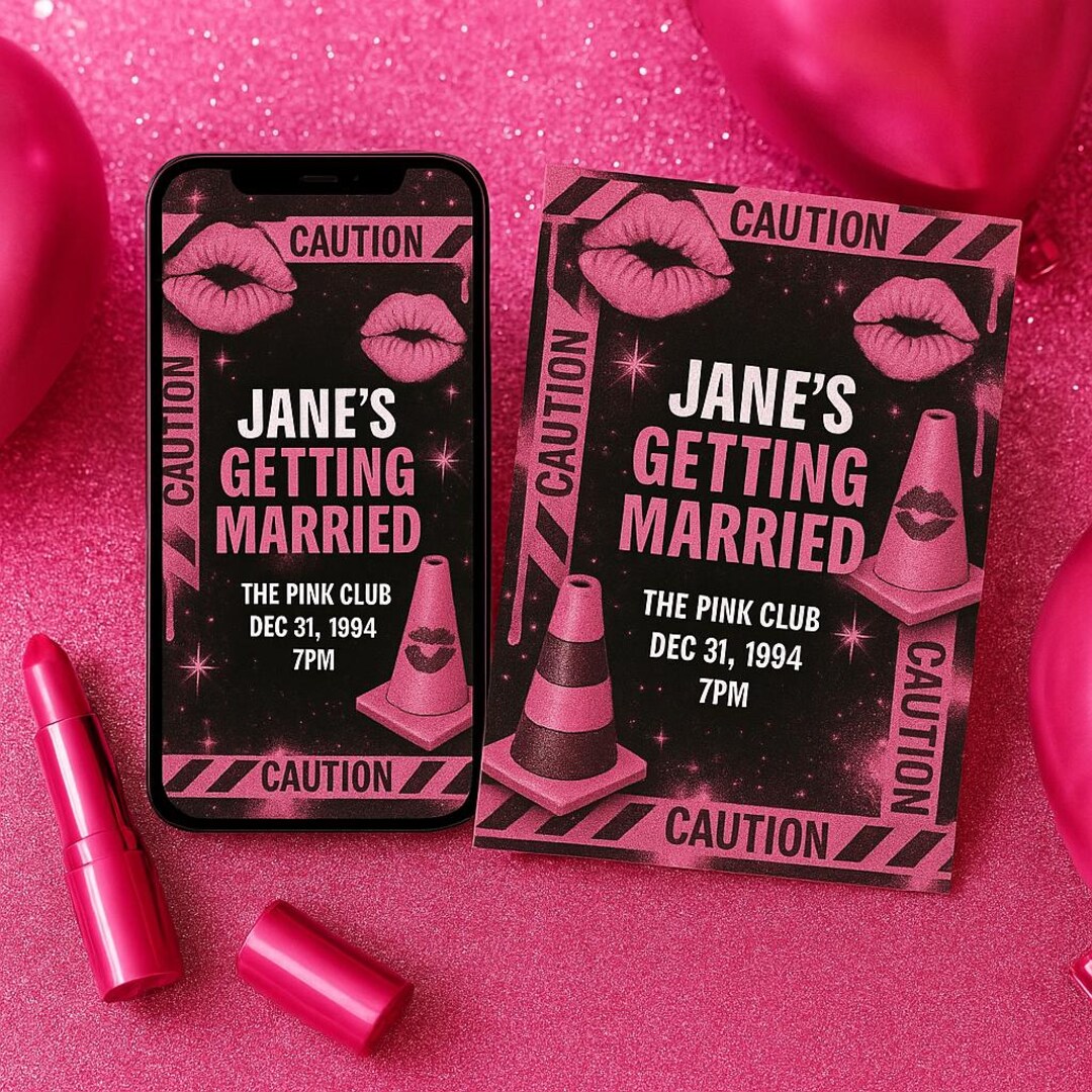 Editable Canva Caution Tape Party Invitation – Pink & Black ...