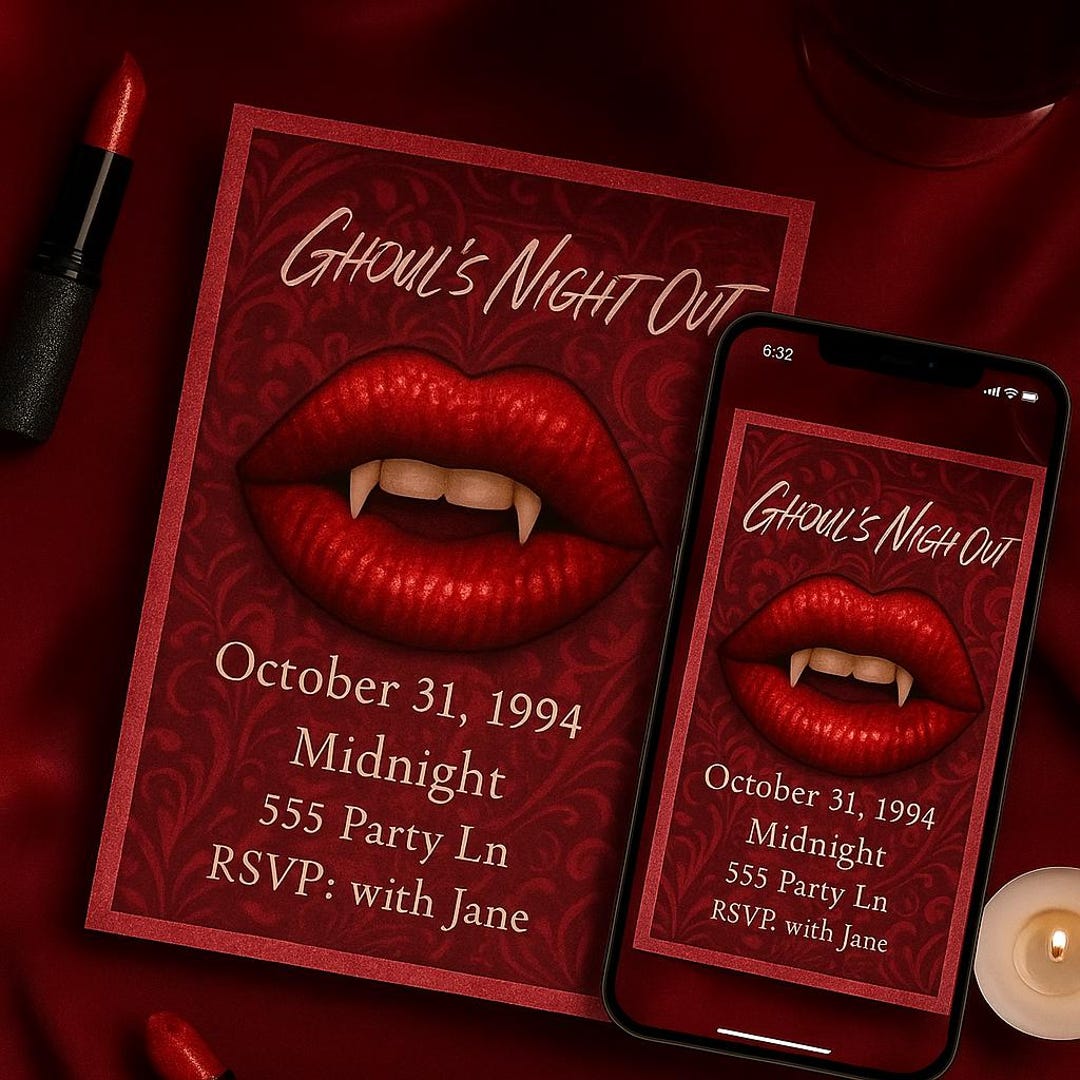 Glam Vampire Halloween Invitation – Red Lips, Girls Night Out (editable ...