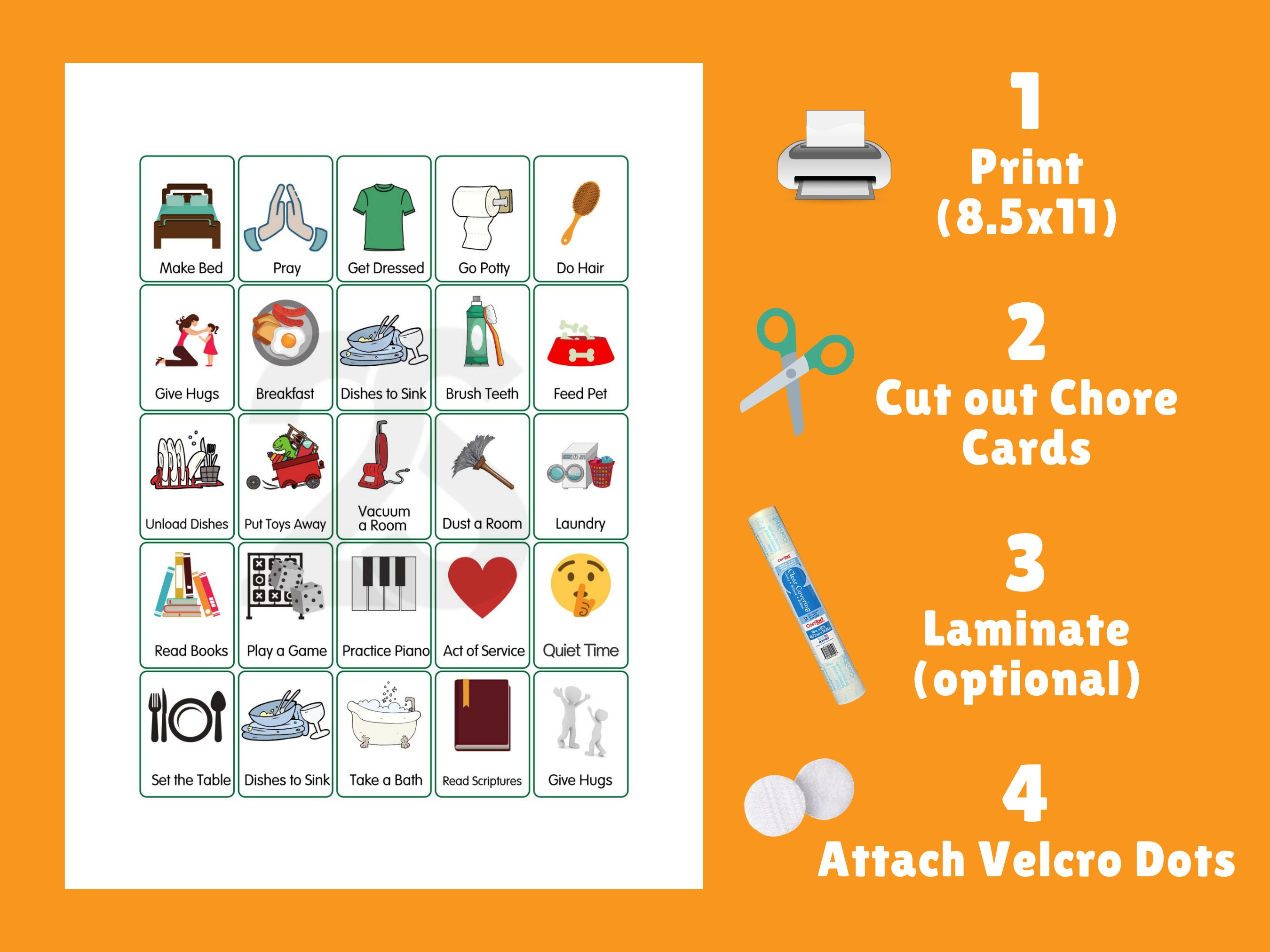Kids Daily Chore Chart | Printable | Velcro Cards | Children's ...