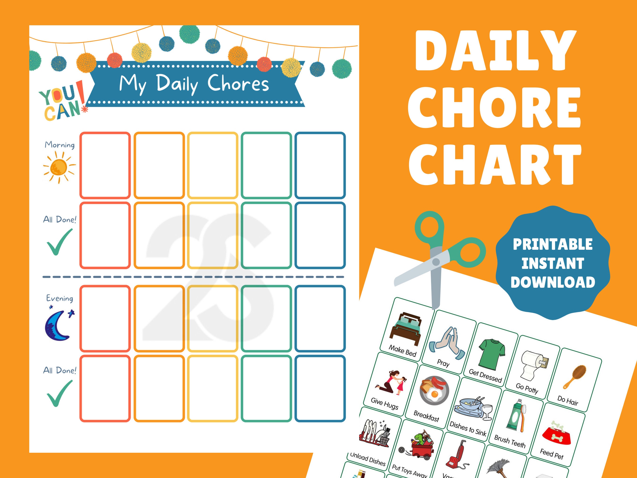 Kids Daily Chore Chart | Printable | Velcro Cards | Children's ...