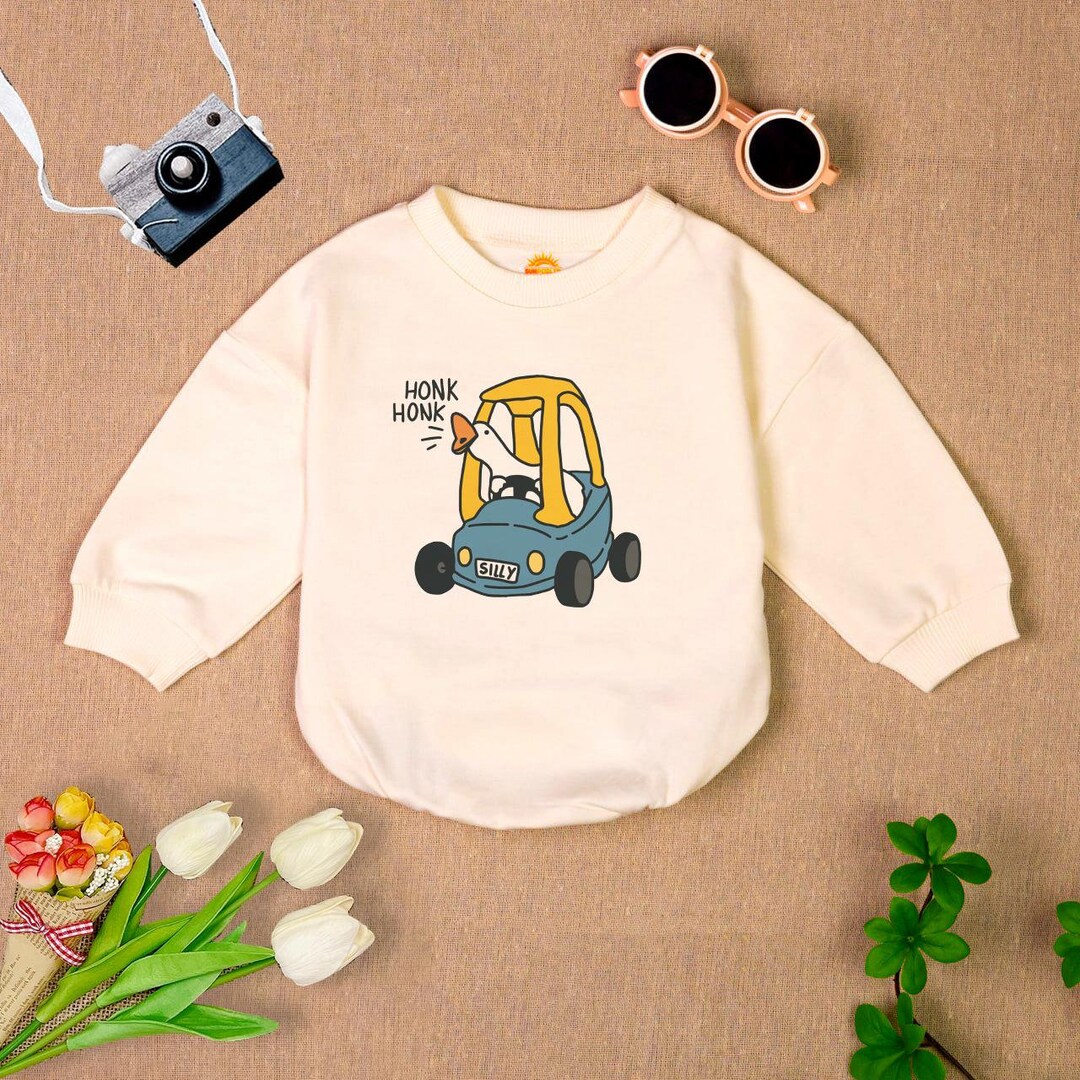 Goose Car Blue Romper Sweatshirt, Silly Honk Honk Baby Outfit, Cute ...