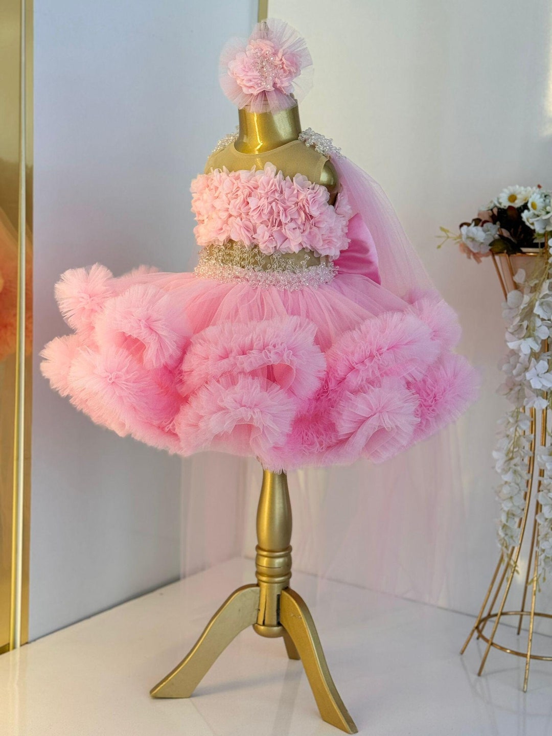 Pink Puffy Baby Girl Pageant Dress, Pink Princess Dress, First Birthday ...