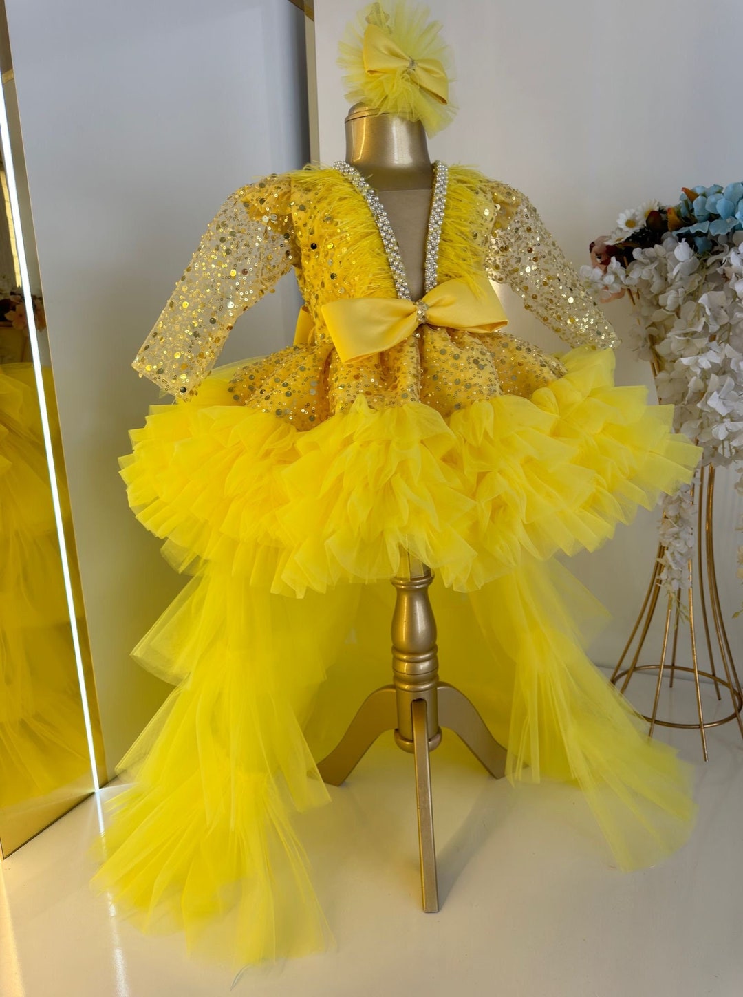 Yellow Kids Prom Dress Girl, Puffy Princess Dress, Sequined Tulle Party ...