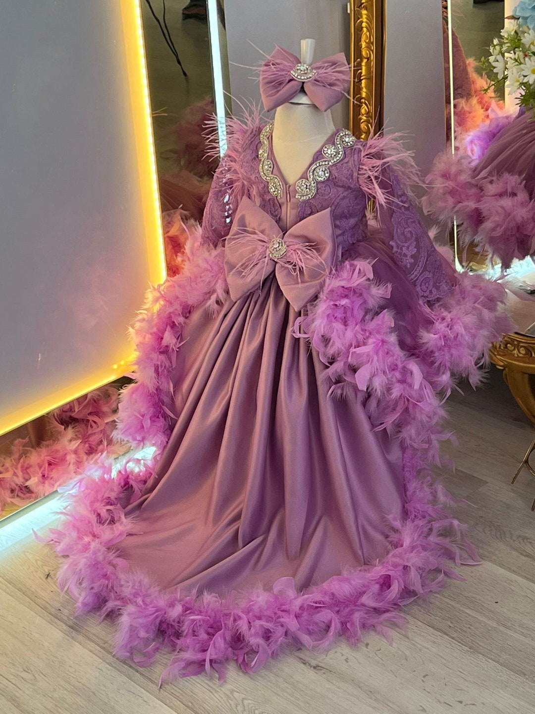 Purple Baby Wedding Dress, Feather Pageant Dress, Long Sleeve First ...
