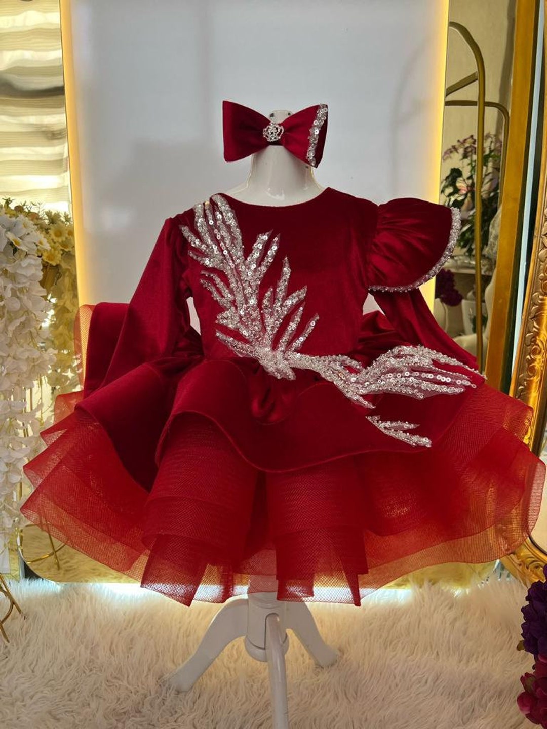 Red Shiny Toddler Dress, Sequined First Birthday Dress, Elegant Pageant ...