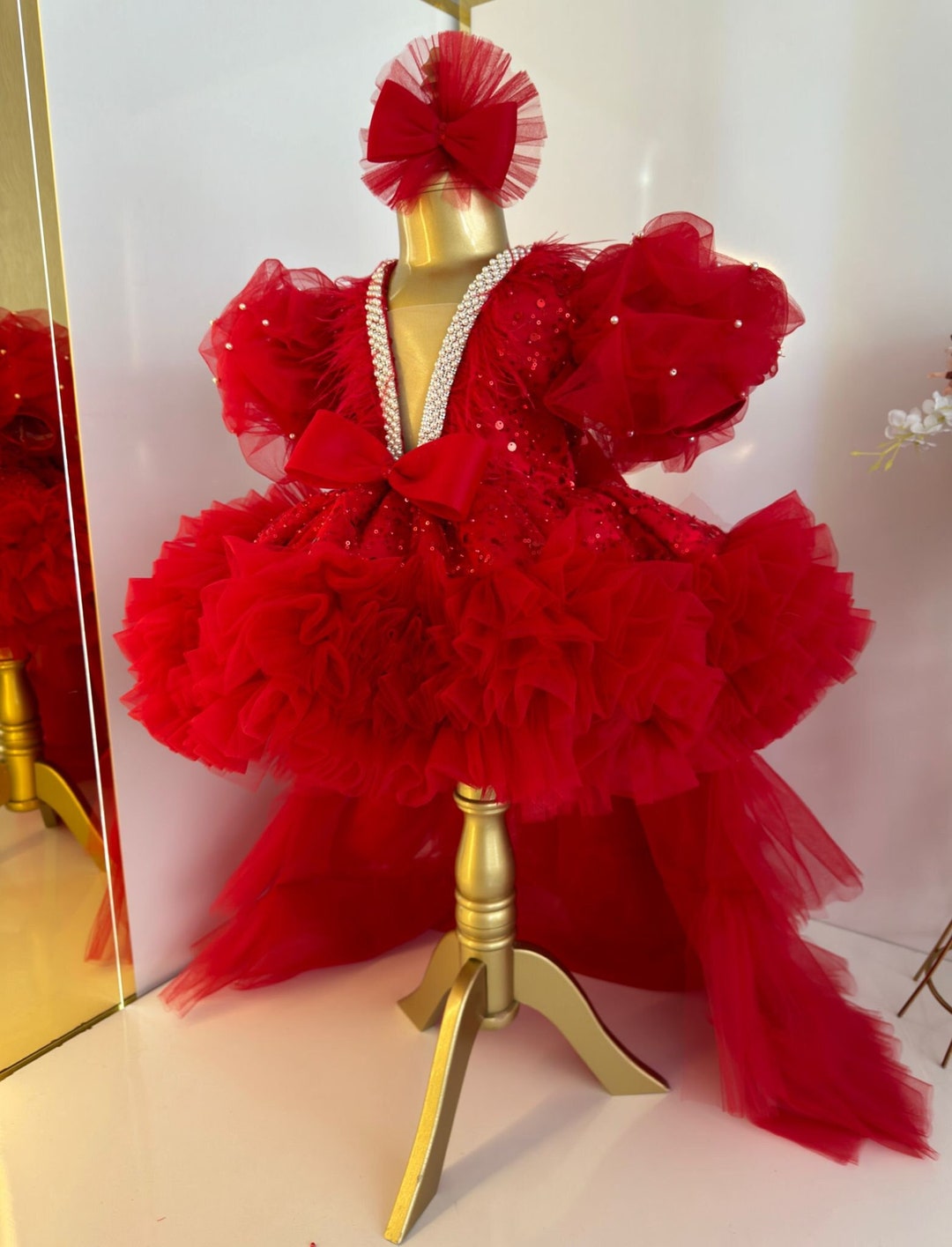 Red Toddler Prom Dress With Train, Tulle Baby Girl Holiday Dress, Baby ...