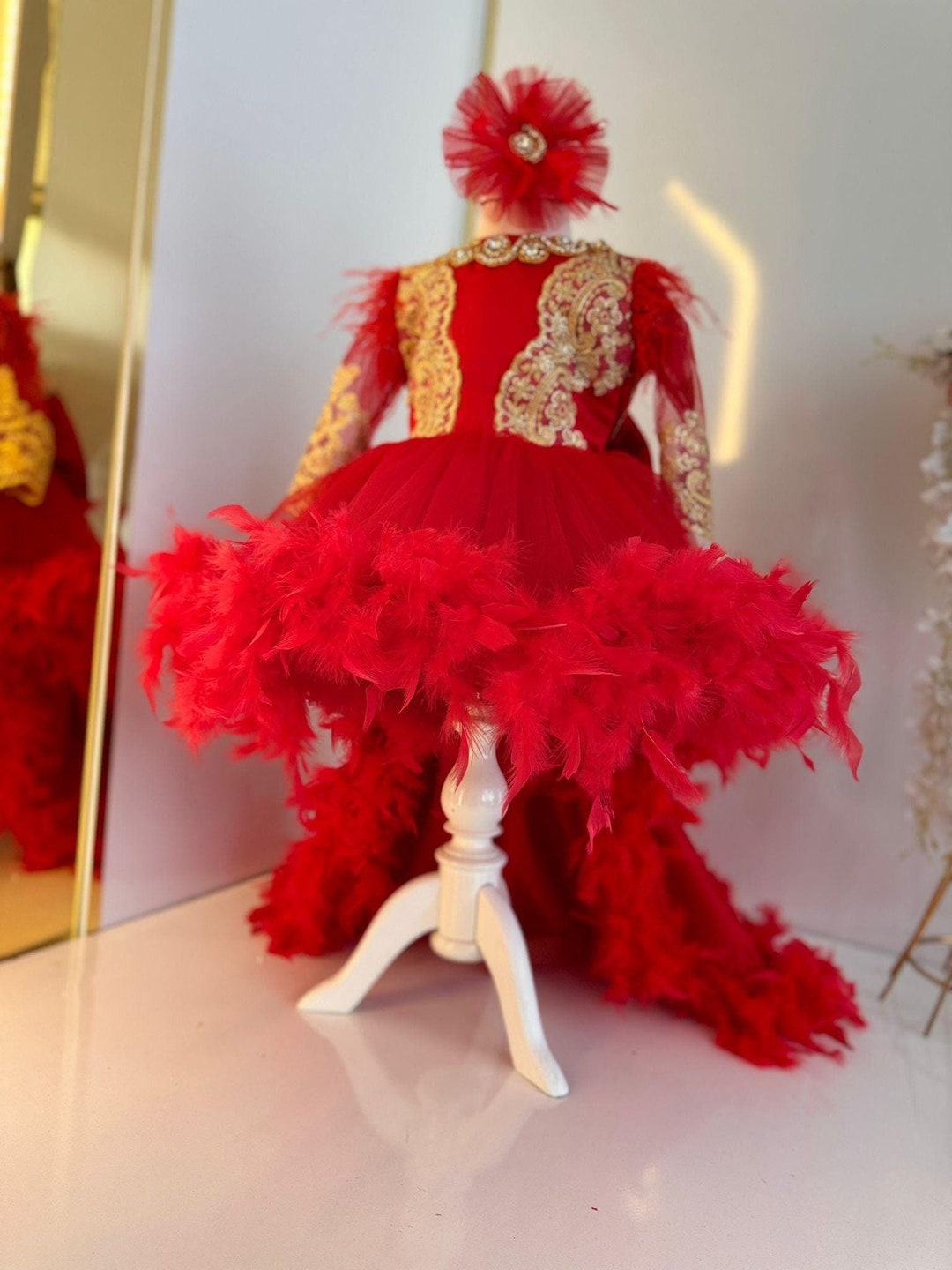Red Baby Princess Dress With Feather, Toddler Pageant Dress With Train ...
