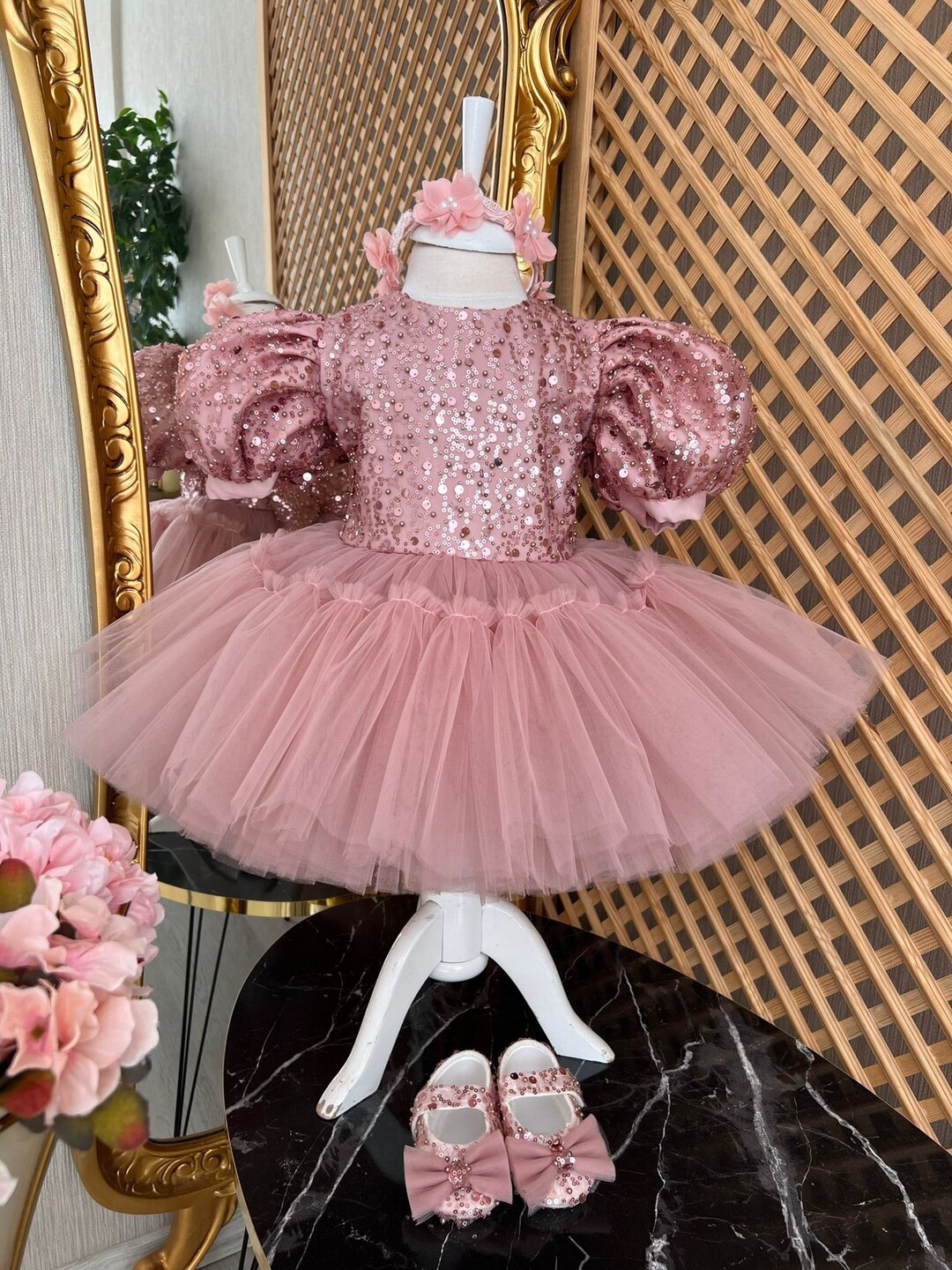 Pink Puffy Princess Girl Dress, Baby Girl Tulle Dress, Sequined Fancy ...