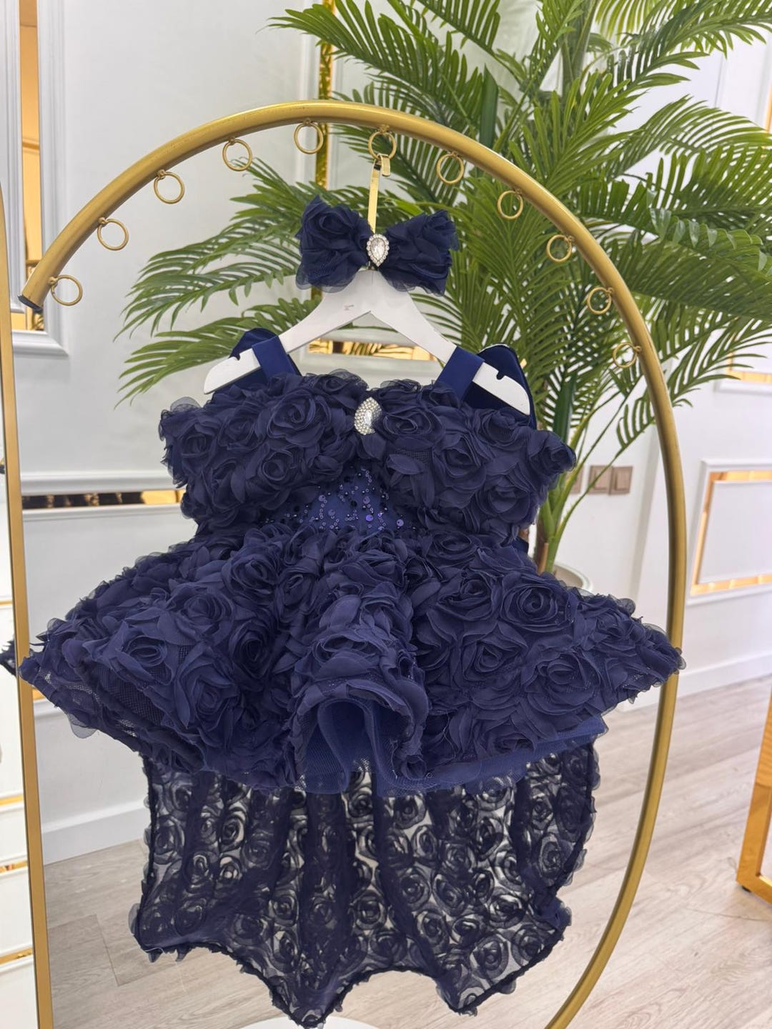 Navy Blue Butterfly Baby Girl Dress With Train, Blue Floral Tulle Girl ...