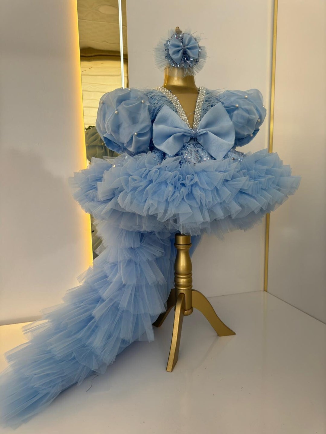 Blue Toddler Prom Dress With Train, Blue Princess Dress, Baby Girl ...